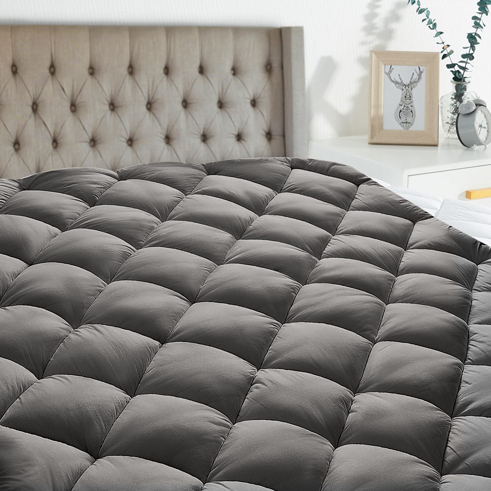 Full Mattress Pad Cover Cooling Mattress Topper Pillow Top Breathable Mattress Toppers Quilted Fitted (8-21 Inch Fitted Deep Pocket,Grey)