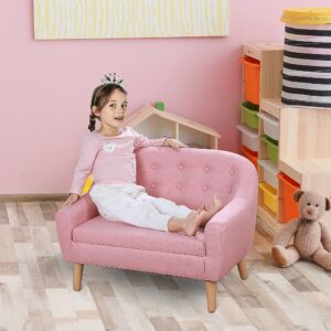 Qaba 2-Seat Kids Sofa, Toddler Sofa Couch, Linen-Like Fabric and Wooden Frame Sofa Chair for Ages 3-7, 11" High Seat, Pink