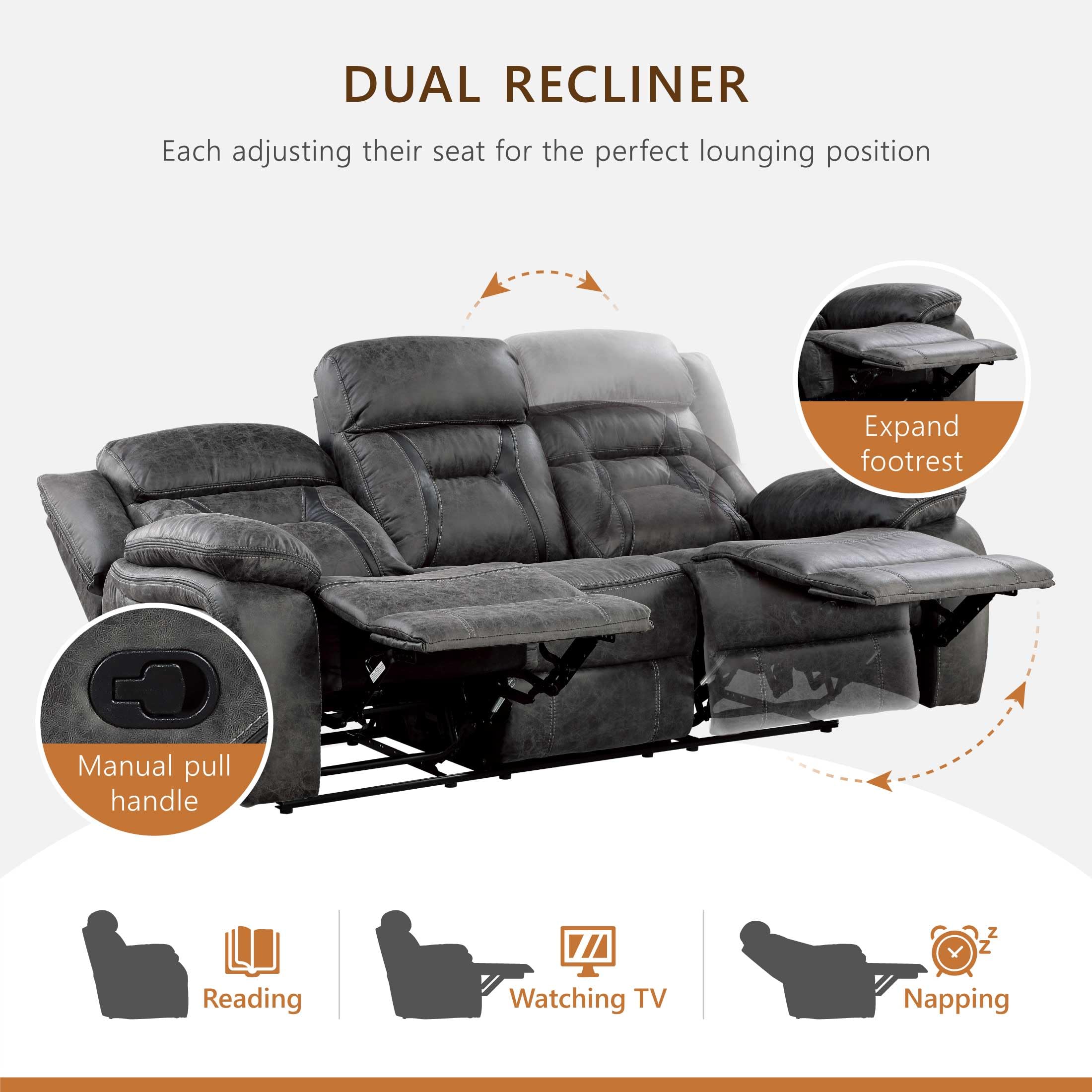 Homelegance Reclining Couch, Polished Microfiber Manual Double Recliner Sofa, Gray