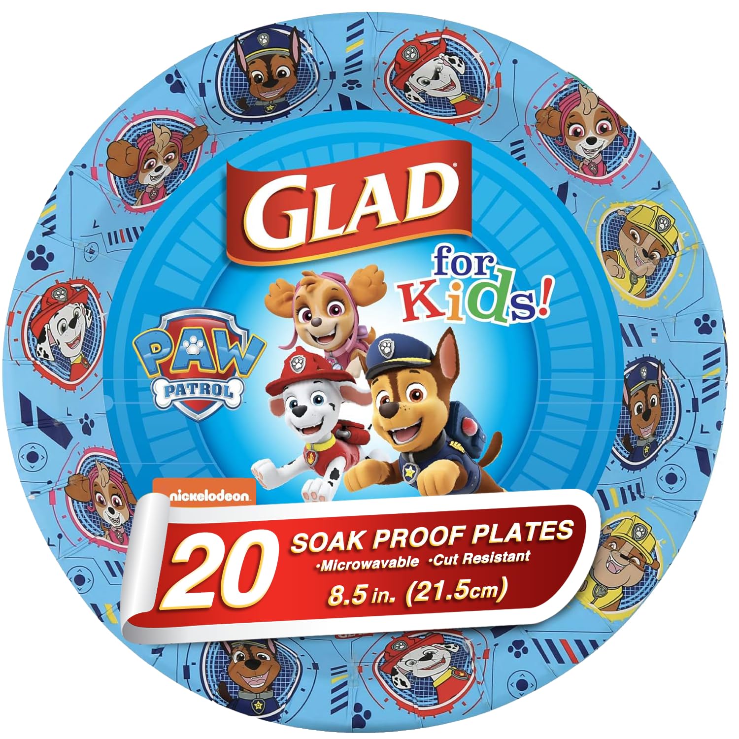 Glad for Kids Paw Patrol Paper Plates, 20 Count, 8.5 Inches | Disposable Paw Patrol Plates for Kids | Heavy Duty Disposable Soak Proof Microwavable Paper Plates for All Occasions