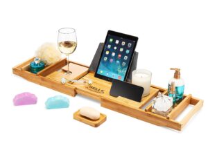 luxury bamboo bathtub caddy tray with two free bath bombs, soap holder, and non-slip silicone grips - durable and solid - expandable organizer with removable spa trays