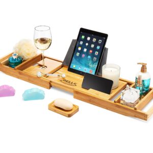 Luxury Bamboo Bathtub Caddy Tray with Two Free Bath Bombs, Soap Holder, and Non-Slip Silicone Grips - Durable and Solid - Expandable Organizer with Removable Spa Trays