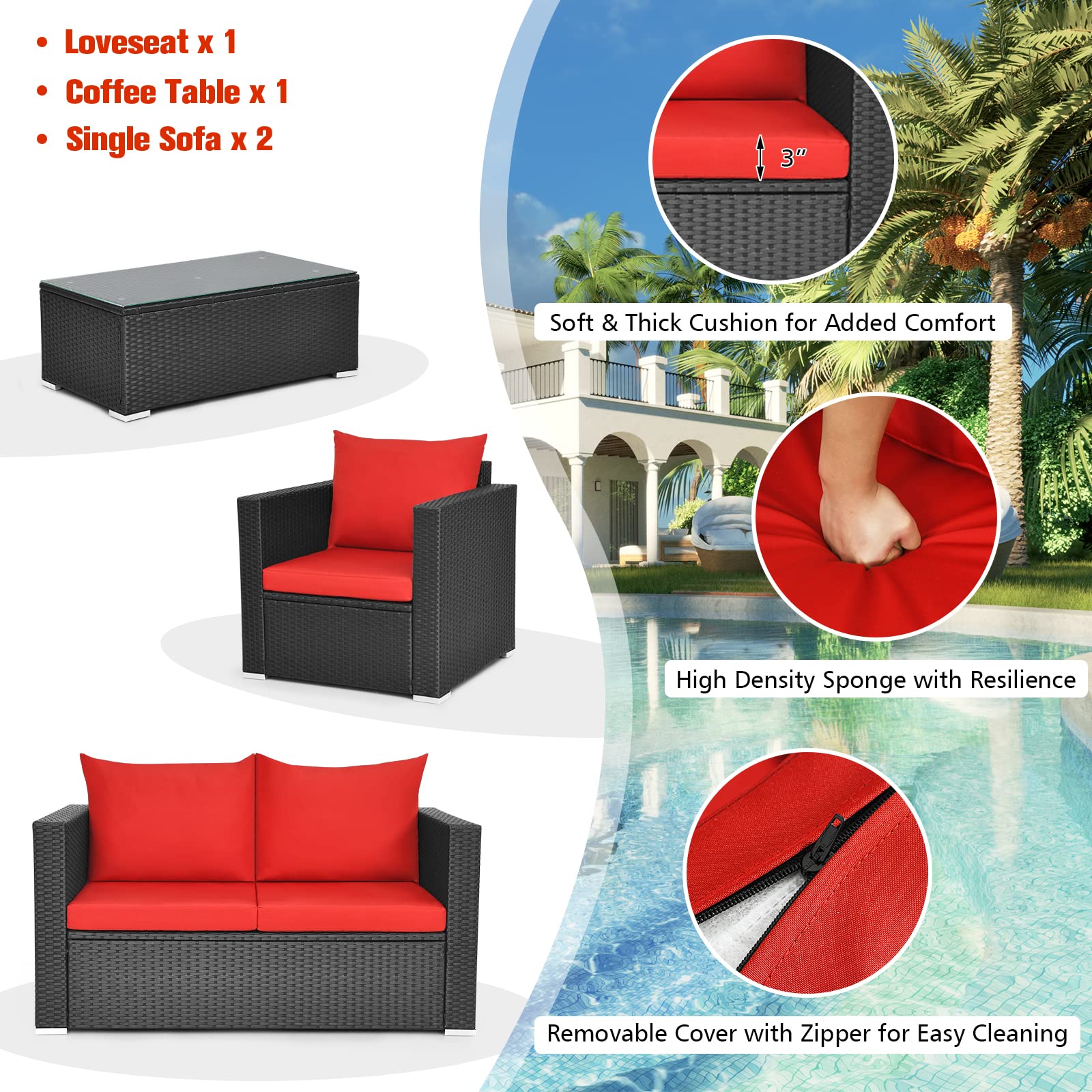 Tangkula 4 Piece Patio Rattan Conversation Furniture Set, Outdoor Wicker Sofa Set with Padded Cushion & Tempered Glass Coffee Table, Wicker Sectional Sofas and Table for Courtyard Balcony Garden