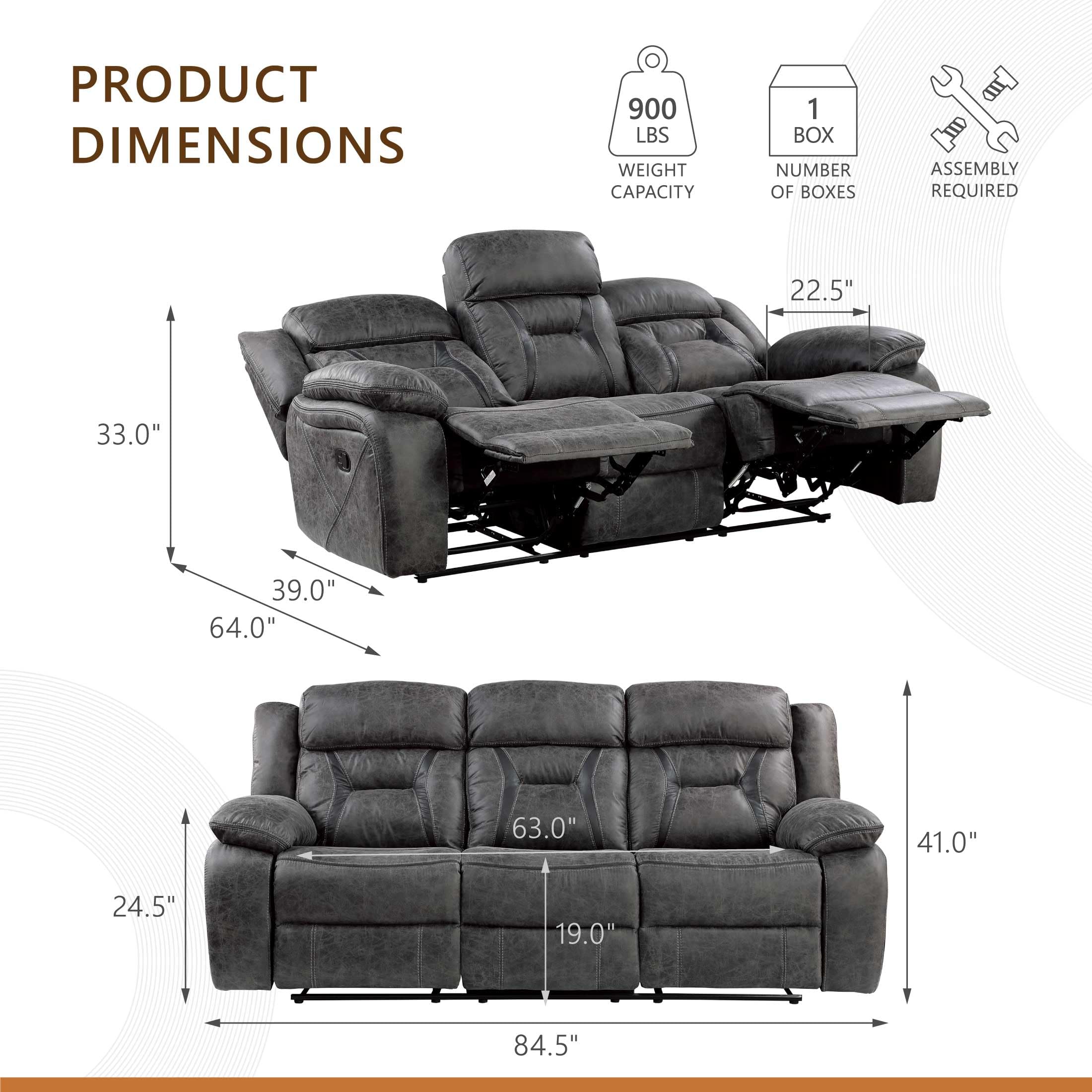 Homelegance Reclining Couch, Polished Microfiber Manual Double Recliner Sofa, Gray