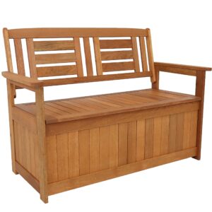 sunnydaze 51-inch meranti wood outdoor storage bench with teak oil finish