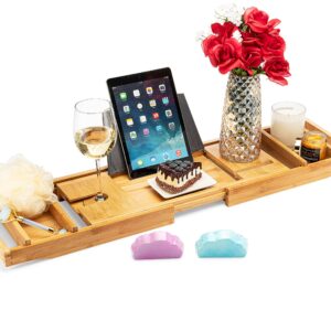 Luxury Bamboo Bathtub Caddy Tray with Two Free Bath Bombs, Soap Holder, and Non-Slip Silicone Grips - Durable and Solid - Expandable Organizer with Removable Spa Trays