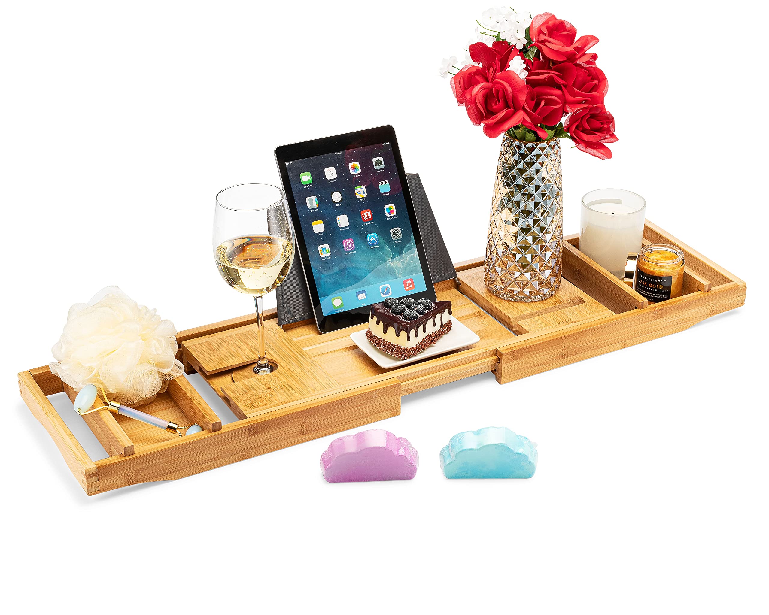 Luxury Bamboo Bathtub Caddy Tray with Two Free Bath Bombs, Soap Holder, and Non-Slip Silicone Grips - Durable and Solid - Expandable Organizer with Removable Spa Trays