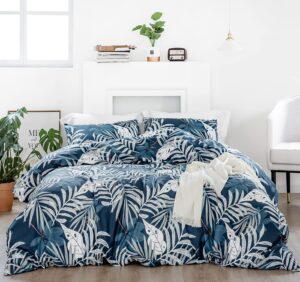 yuheguoji tropical duvet cover king 100% cotton blue botanical duvet cover soft 3 pcs set 1 palm leaves plant print duvet cover with zipper 2 pillowcases botanical bedding breathable comfortable