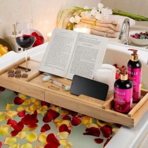 Luxury Bamboo Bathtub Caddy Tray with Two Free Bath Bombs, Soap Holder, and Non-Slip Silicone Grips - Durable and Solid - Expandable Organizer with Removable Spa Trays