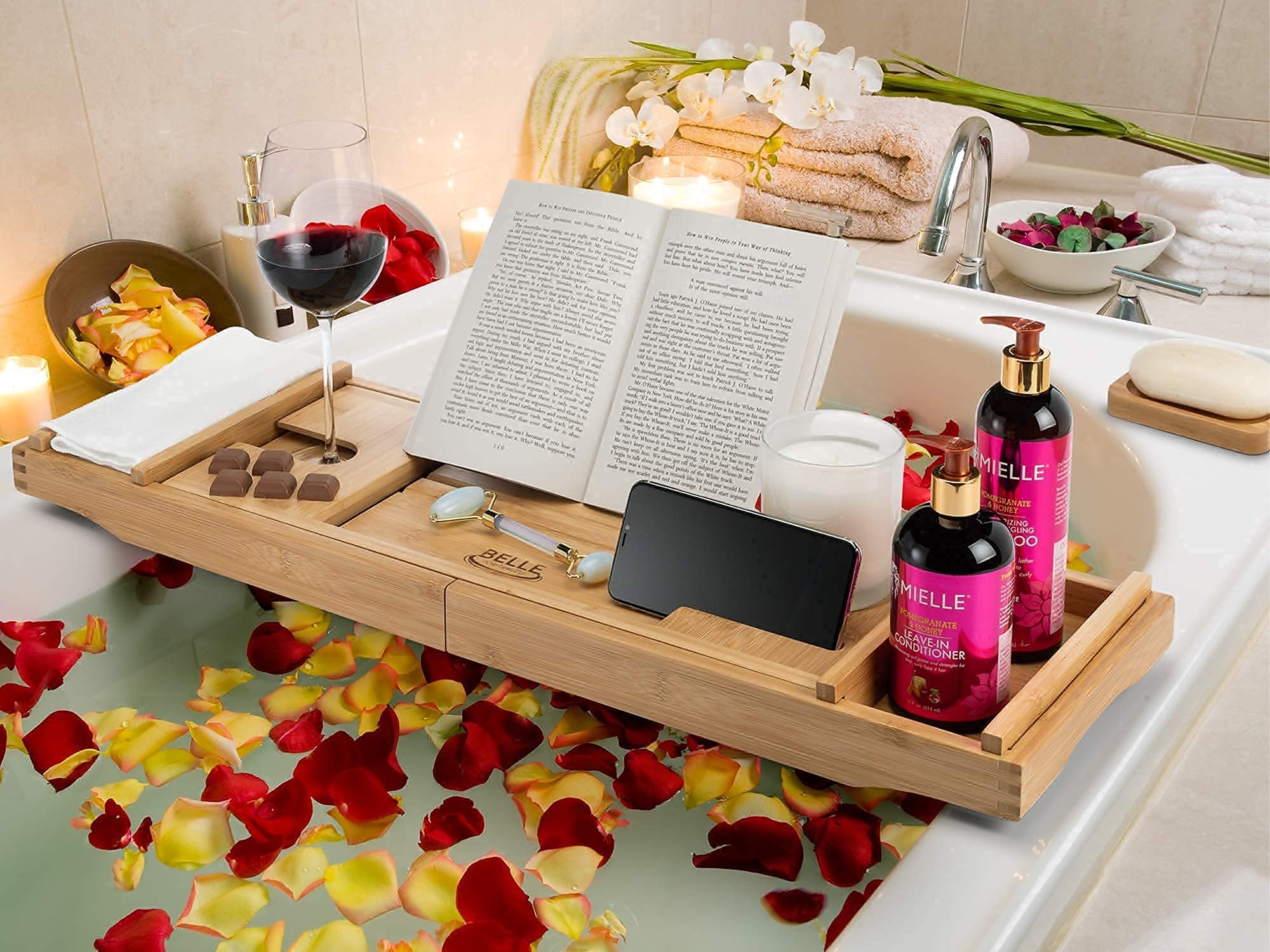 Luxury Bamboo Bathtub Caddy Tray with Two Free Bath Bombs, Soap Holder, and Non-Slip Silicone Grips - Durable and Solid - Expandable Organizer with Removable Spa Trays