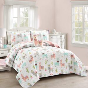 lush decor southwest llama cactus quilt, 3 piece set, twin, white & blush - cute kids reversible print toddler bedding set