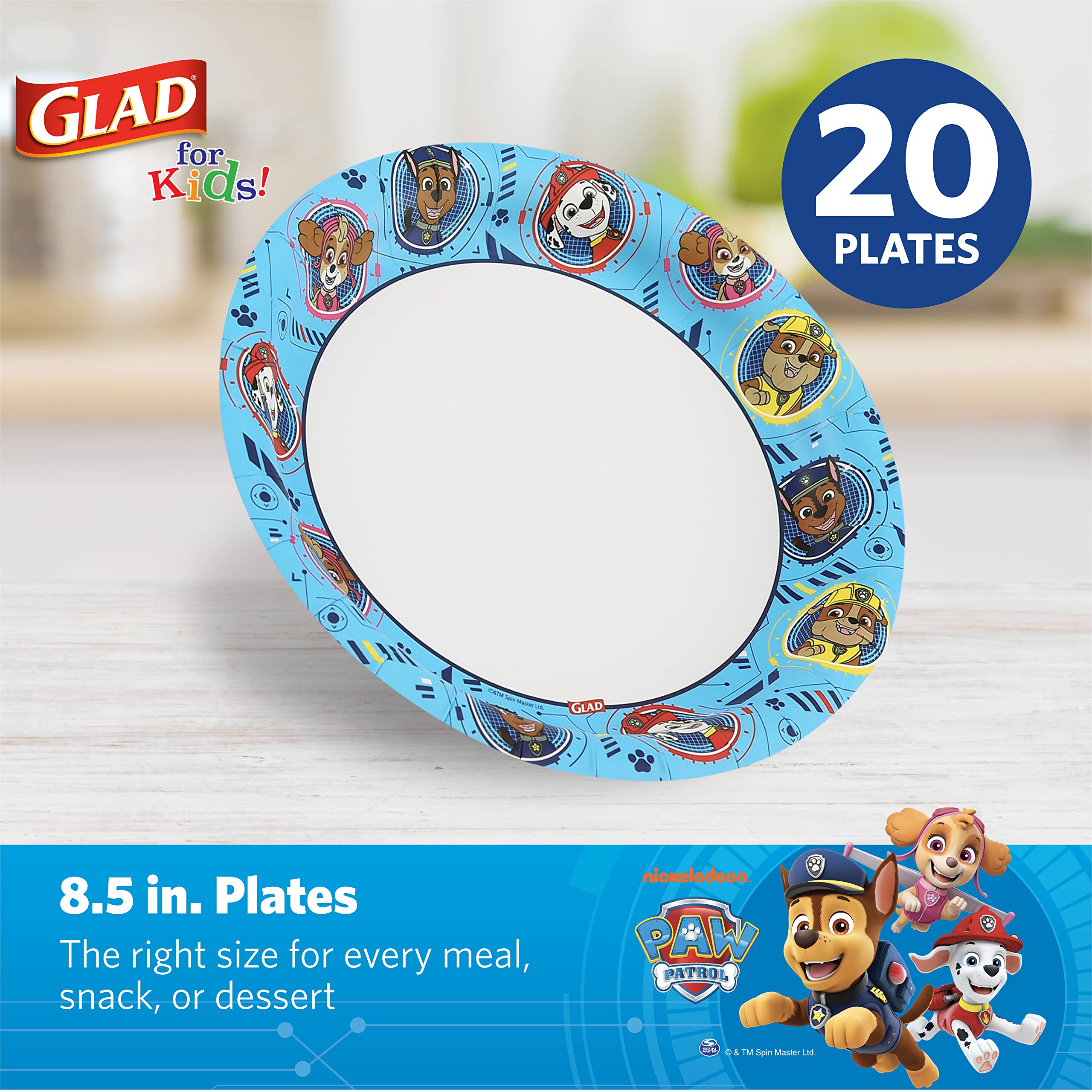 Glad for Kids Paw Patrol Paper Plates, 20 Count, 8.5 Inches | Disposable Paw Patrol Plates for Kids | Heavy Duty Disposable Soak Proof Microwavable Paper Plates for All Occasions