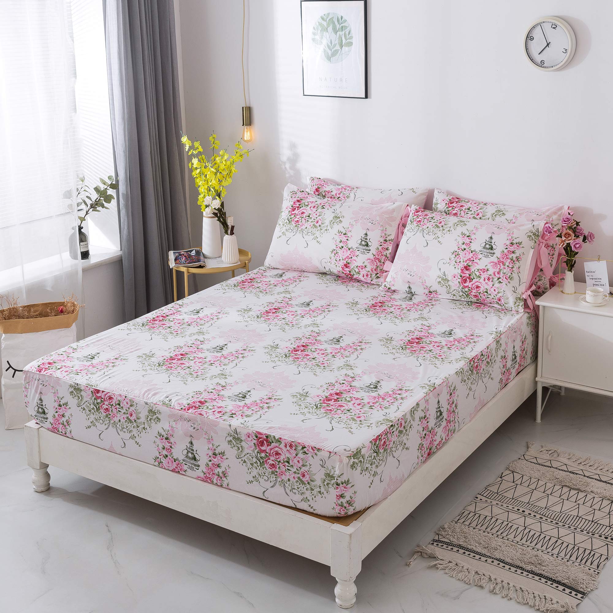 FADFAY Rosette Floral Duvet Cover Sweet Pink Girls Bedding Set 100% Cotton Ultra Soft Bed Sheets Set,5Pcs (1 Duvet Cover +1 Fitted Sheet+ 1 Flat Sheet +2 Standard Pillowcases), Twin Size