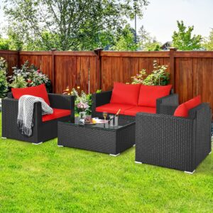 Tangkula 4 Piece Patio Rattan Conversation Furniture Set, Outdoor Wicker Sofa Set with Padded Cushion & Tempered Glass Coffee Table, Wicker Sectional Sofas and Table for Courtyard Balcony Garden