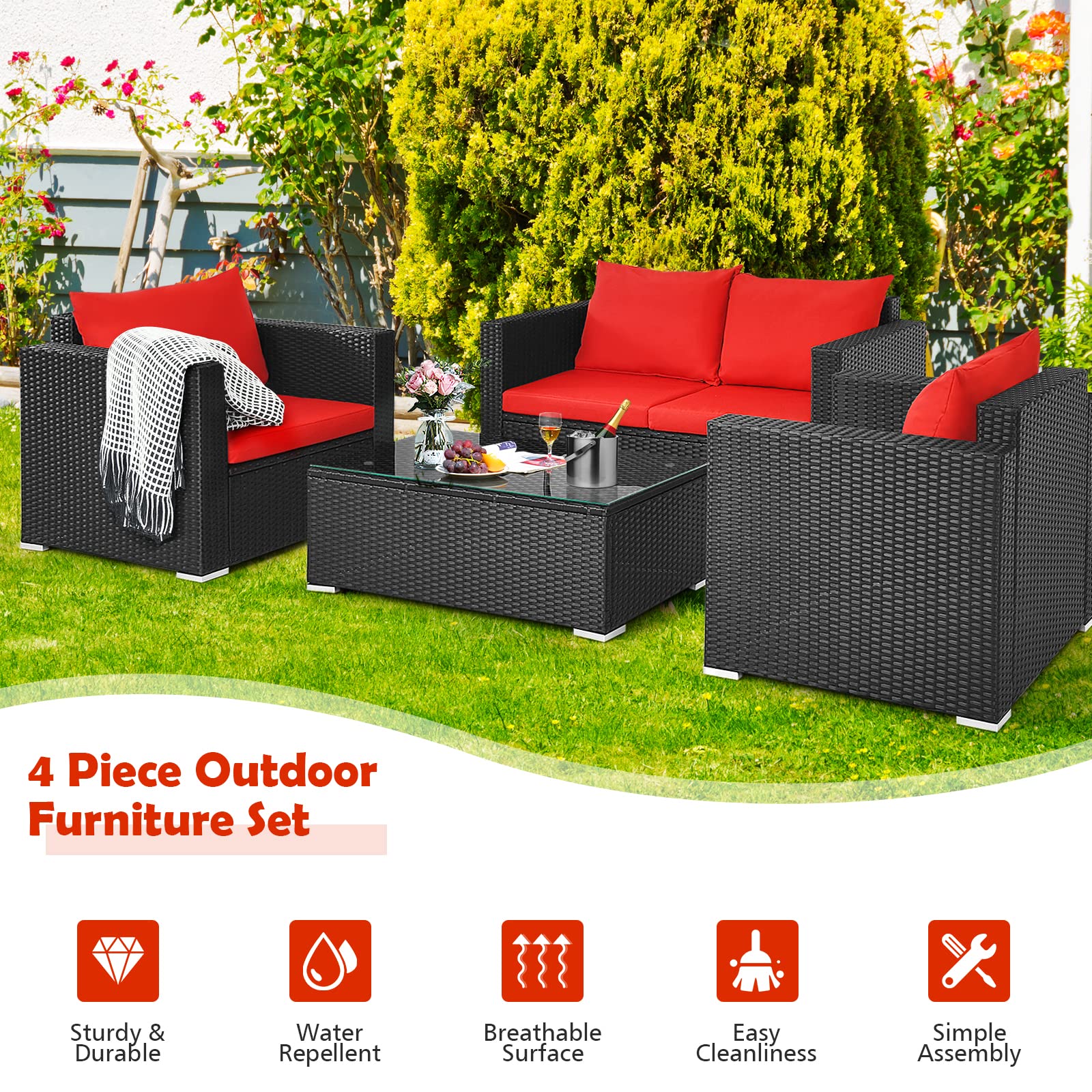 Tangkula 4 Piece Patio Rattan Conversation Furniture Set, Outdoor Wicker Sofa Set with Padded Cushion & Tempered Glass Coffee Table, Wicker Sectional Sofas and Table for Courtyard Balcony Garden