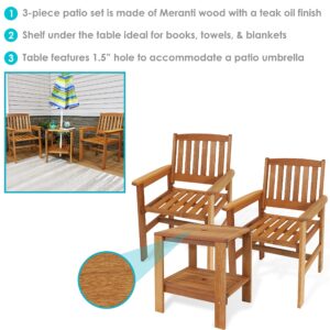 Sunnydaze Meranti Wood 3-Piece Outdoor Patio Conversation Set - 2 Chairs and 1 Table - Teak Oil Finish