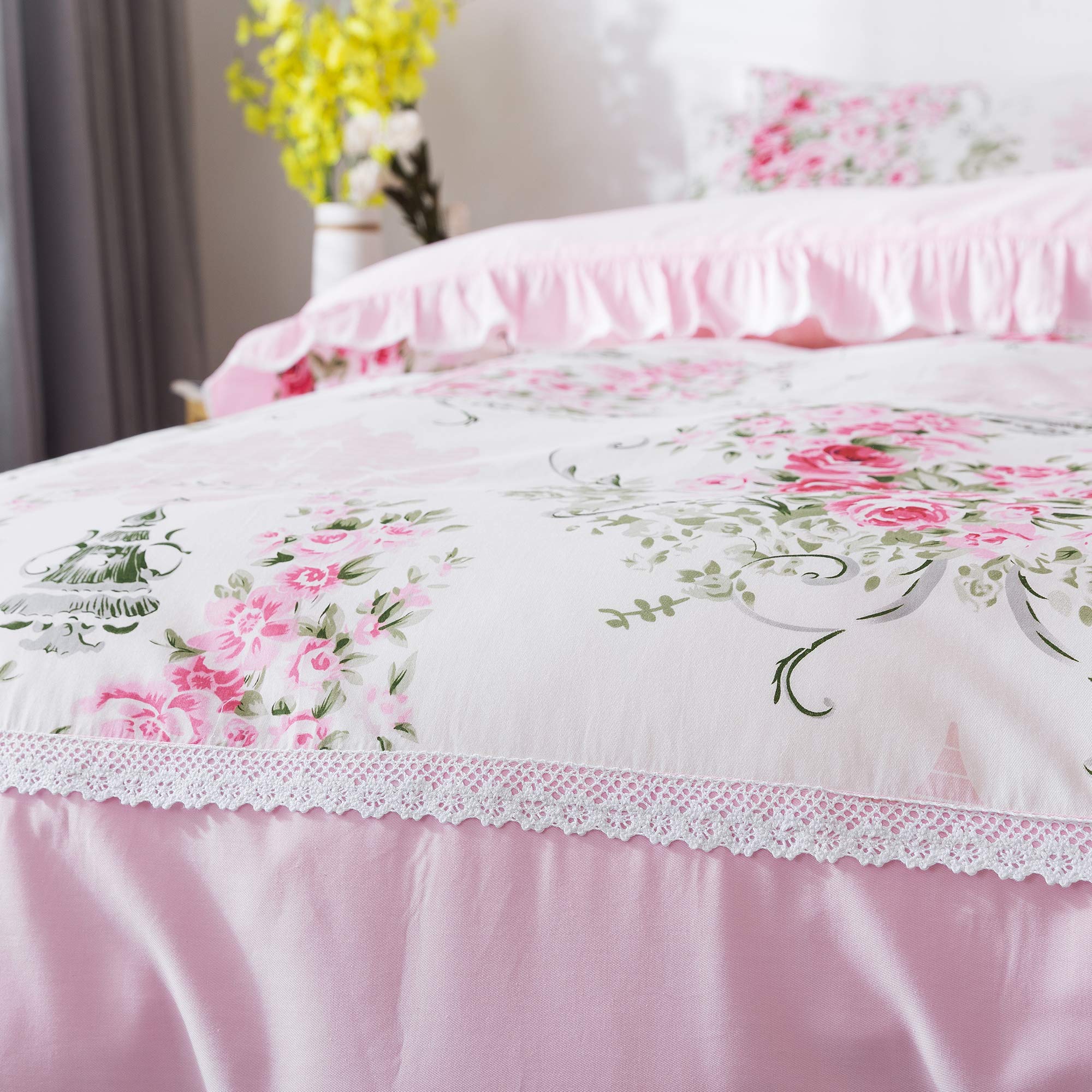 FADFAY Rosette Floral Duvet Cover Sweet Pink Girls Bedding Set 100% Cotton Ultra Soft Bed Sheets Set,5Pcs (1 Duvet Cover +1 Fitted Sheet+ 1 Flat Sheet +2 Standard Pillowcases), Twin Size