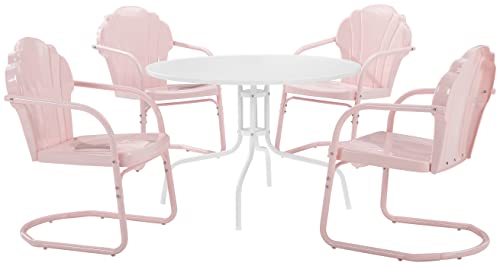 Crosley Furniture Tulip 5-Piece Outdoor Dining Set for 4, Retro Metal Round Patio Table and Chairs for Deck, Pastel Pink Gloss