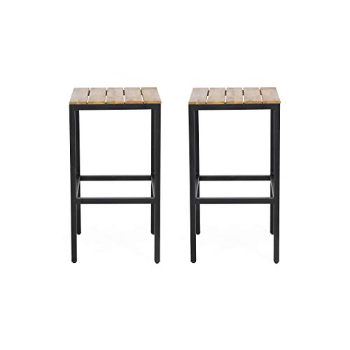 Christopher Knight Home Frieda Outdoor Modern Industrial Acacia Wood Bar Stools (Set of 2), Teak Finish + Black