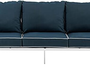 Crosley Furniture Kaplan Outdoor Sofa with Steel Frame, 3-Person Patio Couch for Porch, Deck, Backyard, White with Navy Cushions