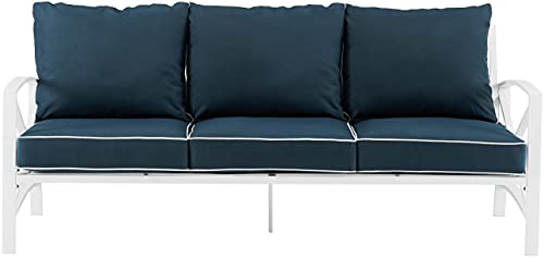 Crosley Furniture Kaplan Outdoor Sofa with Steel Frame, 3-Person Patio Couch for Porch, Deck, Backyard, White with Navy Cushions