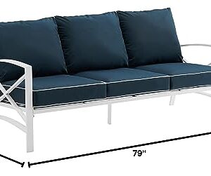 Crosley Furniture Kaplan Outdoor Sofa with Steel Frame, 3-Person Patio Couch for Porch, Deck, Backyard, White with Navy Cushions