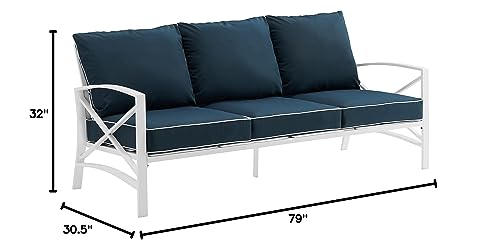 Crosley Furniture Kaplan Outdoor Sofa with Steel Frame, 3-Person Patio Couch for Porch, Deck, Backyard, White with Navy Cushions