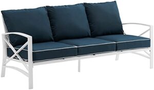 crosley furniture kaplan outdoor sofa with steel frame, 3-person patio couch for porch, deck, backyard, white with navy cushions