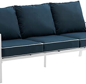 Crosley Furniture Kaplan Outdoor Sofa with Steel Frame, 3-Person Patio Couch for Porch, Deck, Backyard, White with Navy Cushions