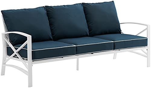 Crosley Furniture Kaplan Outdoor Sofa with Steel Frame, 3-Person Patio Couch for Porch, Deck, Backyard, White with Navy Cushions