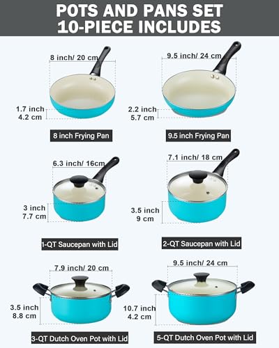 Cook N Home 10-Piece Ceramic Nonstick Cookware Set - Pots, Pans, Dutch Oven, Saucepans, Frying Pans and Lids - Turquoise