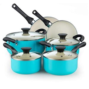 cook n home 10-piece ceramic nonstick cookware set - pots, pans, dutch oven, saucepans, frying pans and lids - turquoise