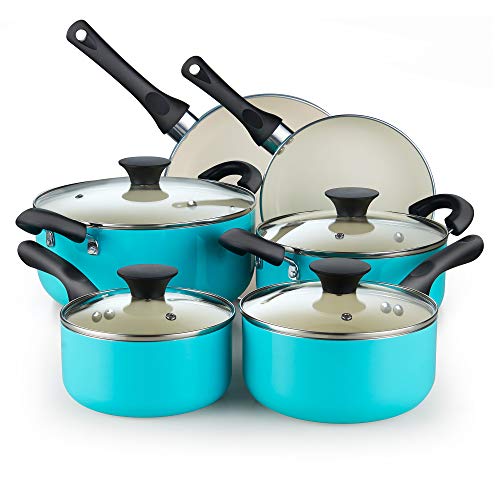 Cook N Home 10-Piece Ceramic Nonstick Cookware Set - Pots, Pans, Dutch Oven, Saucepans, Frying Pans and Lids - Turquoise