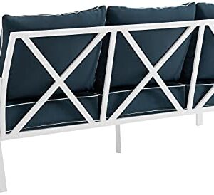 Crosley Furniture Kaplan Outdoor Sofa with Steel Frame, 3-Person Patio Couch for Porch, Deck, Backyard, White with Navy Cushions