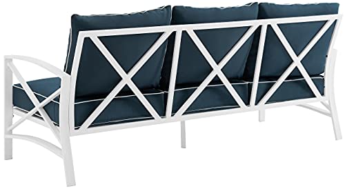 Crosley Furniture Kaplan Outdoor Sofa with Steel Frame, 3-Person Patio Couch for Porch, Deck, Backyard, White with Navy Cushions