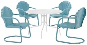 crosley furniture tulip 5-piece outdoor dining set for 4, retro metal round patio table and chairs for deck, pastel blue satin