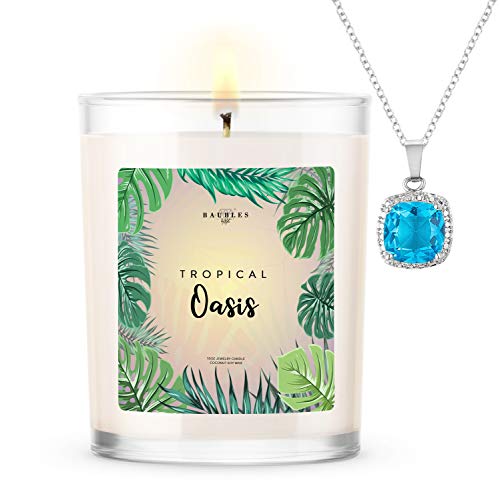 Kate Bissett Baubles Tropical Oasis Scented Premium Candle and Jewelry with Surprise Pendant Inside | 10 oz Large Candle | Made in USA | Parrafin Free