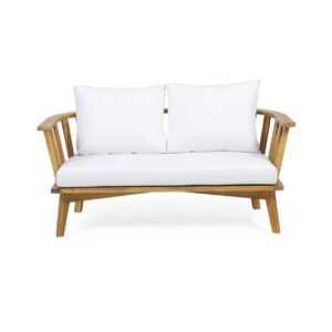 christopher knight home ingrid outdoor wooden loveseat with cushions, white and teak finish