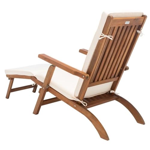 SAFAVIEH Outdoor Collection Palmdale Natural Brown Solid Wood/Beige Cushion Chaise Lounge Chair (PAT7015C)