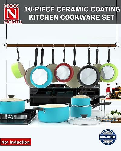 Cook N Home 10-Piece Ceramic Nonstick Cookware Set - Pots, Pans, Dutch Oven, Saucepans, Frying Pans and Lids - Turquoise