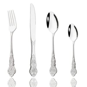 jashii silverware set 4 piece family dinnerware set flatware set for 1 silver tableware set great for family gatherings & daily use-spoons, knives, teaspoons, forks (silver）