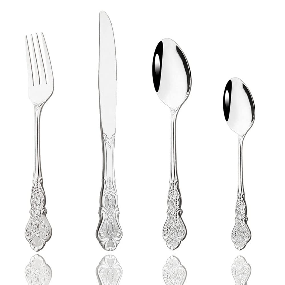 JASHII Silverware Set 4 Piece Family Dinnerware Set Flatware Set for 1 Silver Tableware Set Great for Family Gatherings & Daily Use-Spoons, Knives, Teaspoons, Forks (Silver）