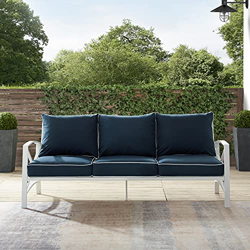 Crosley Furniture Kaplan Outdoor Sofa with Steel Frame, 3-Person Patio Couch for Porch, Deck, Backyard, White with Navy Cushions