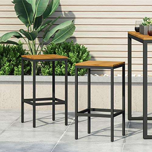 Christopher Knight Home Frieda Outdoor Modern Industrial Acacia Wood Bar Stools (Set of 2), Teak Finish + Black