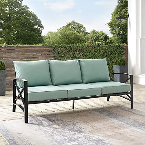 Crosley Furniture Kaplan Outdoor Sofa with Steel Frame, 3-Person Patio Couch for Porch, Deck, Backyard, Oiled Bronze with Mist Cushions