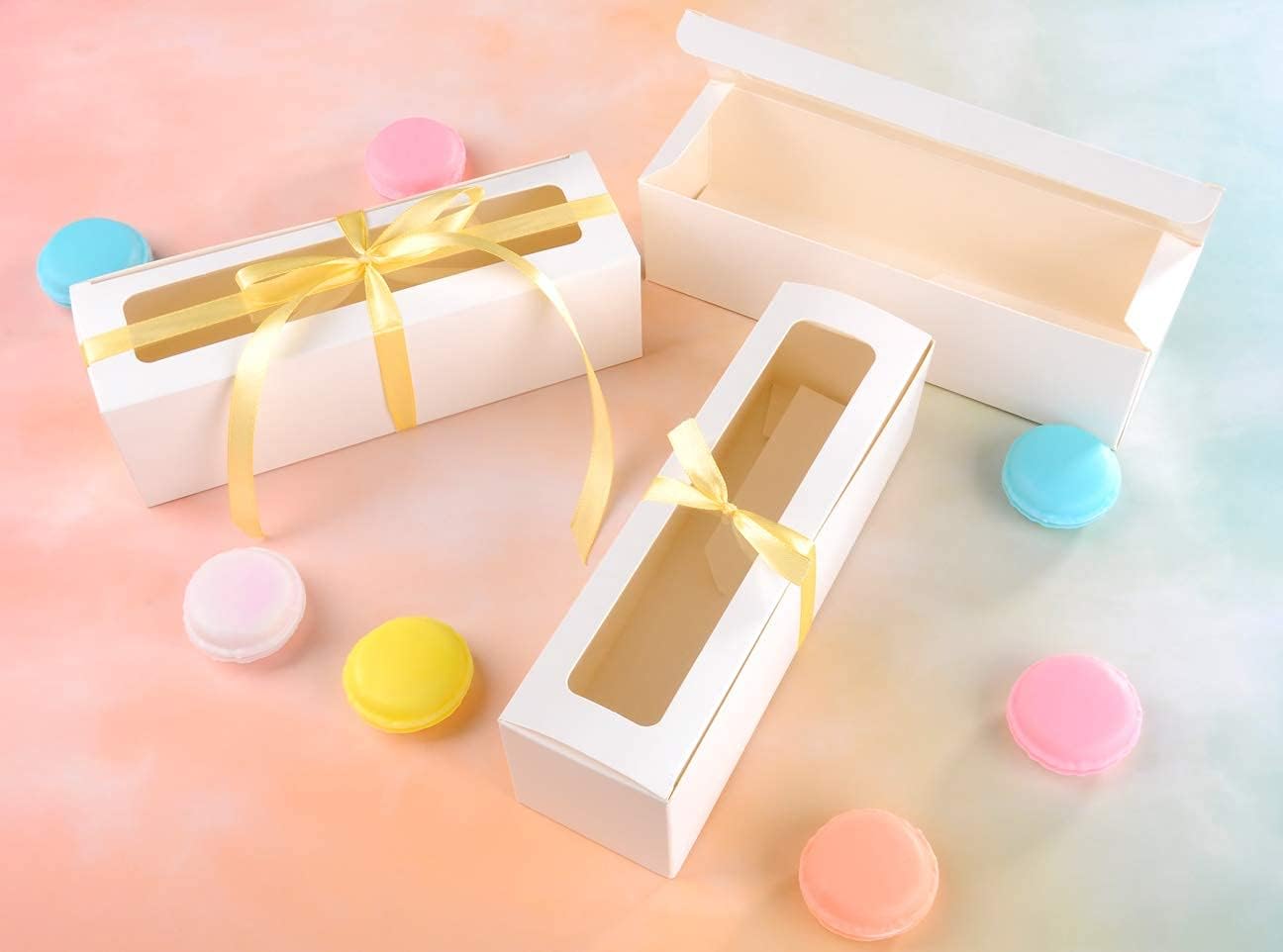 NPLUX 25 Pack Macaron Boxes for 5-7 Macarons Cookie Candy Strawberry Boxes Macaron Container Packaging Boxes with Ribbon for Gift Giving(White)