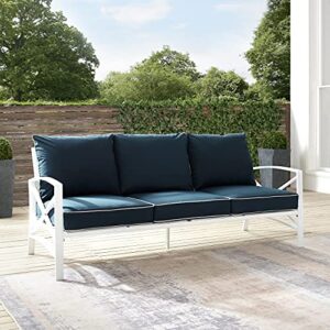 Crosley Furniture Kaplan Outdoor Sofa with Steel Frame, 3-Person Patio Couch for Porch, Deck, Backyard, White with Navy Cushions