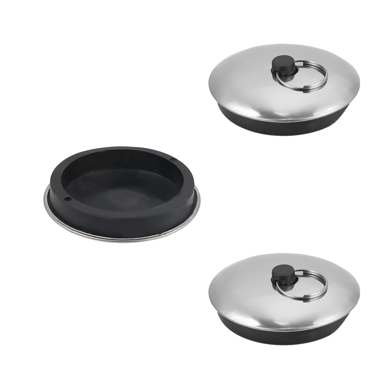 MroMax 3Pcs Stainless Steel Sink Plug Drain Stopper Fit 57mm with Ring for Bathtub Kitchen Bathroom Silver, Black