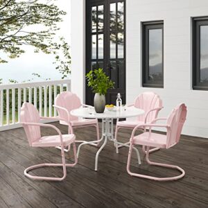 Crosley Furniture Tulip 5-Piece Outdoor Dining Set for 4, Retro Metal Round Patio Table and Chairs for Deck, Pastel Pink Gloss