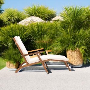 SAFAVIEH Outdoor Collection Palmdale Natural Brown Solid Wood/Beige Cushion Chaise Lounge Chair (PAT7015C)